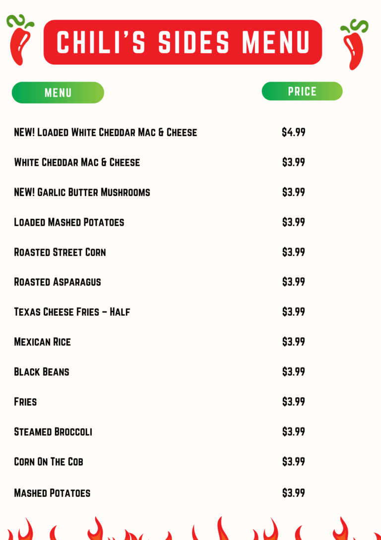 Chili’s Sides Menu With Calories and Latest Prices | 2025